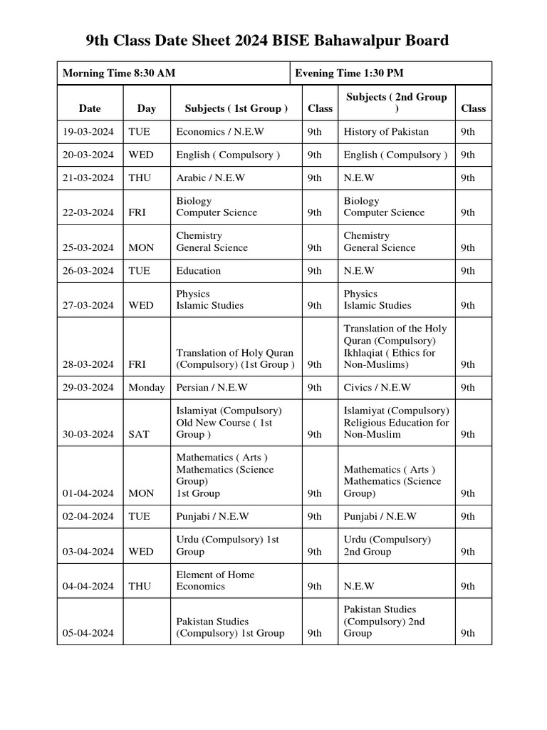9th Class Date Sheet 2024 BISE BWP | PDF | Abrahamic Religions