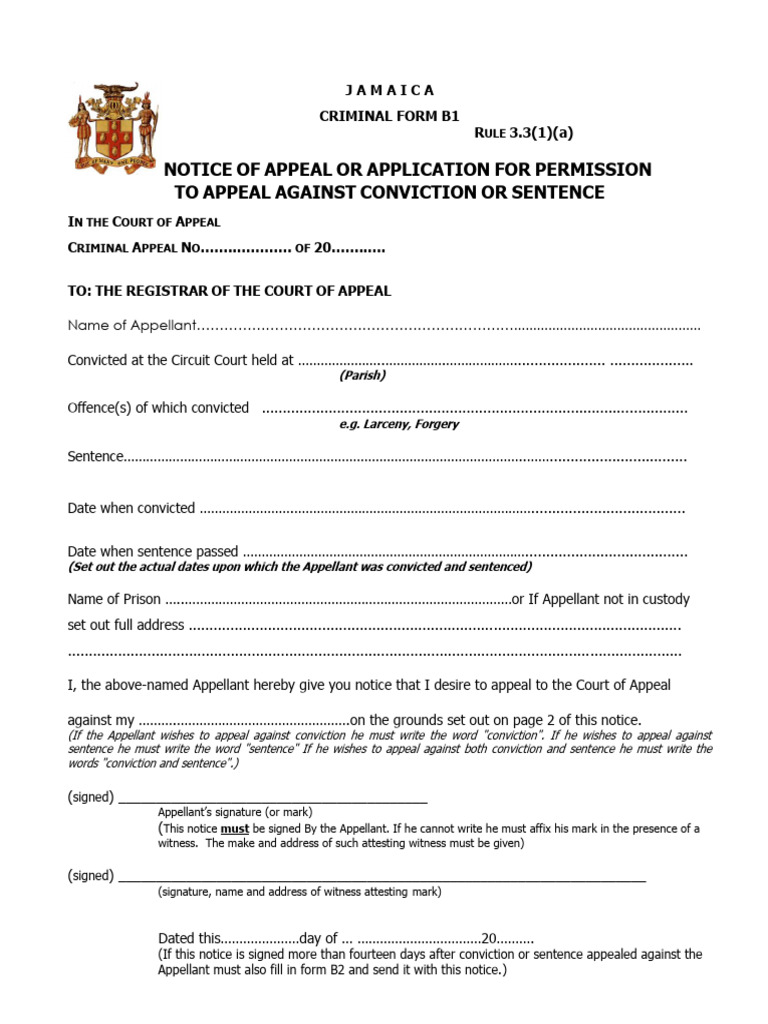 Notice of Appeal or Application For Permission To Appeal Against ...
