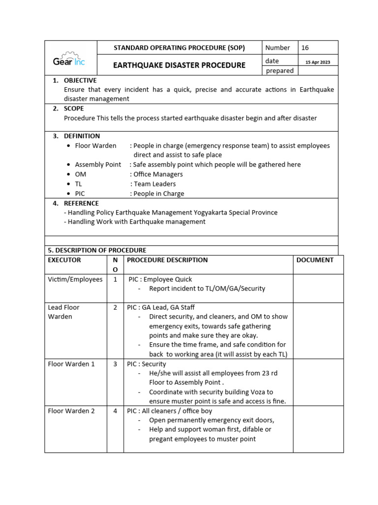Earthquake Disaster Management SOP | PDF | Emergency | Safety
