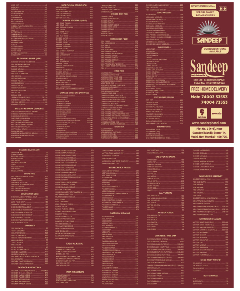 Sandeep Menu FINAL | PDF | Indian Cuisine | Western Cuisine