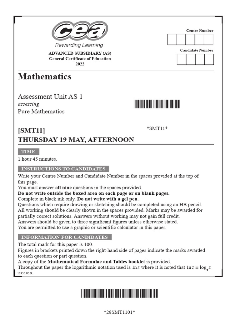GCE-Maths2022-AS 1, Pure Mathematics-Paper | PDF | Mathematics | Trigonometric Functions