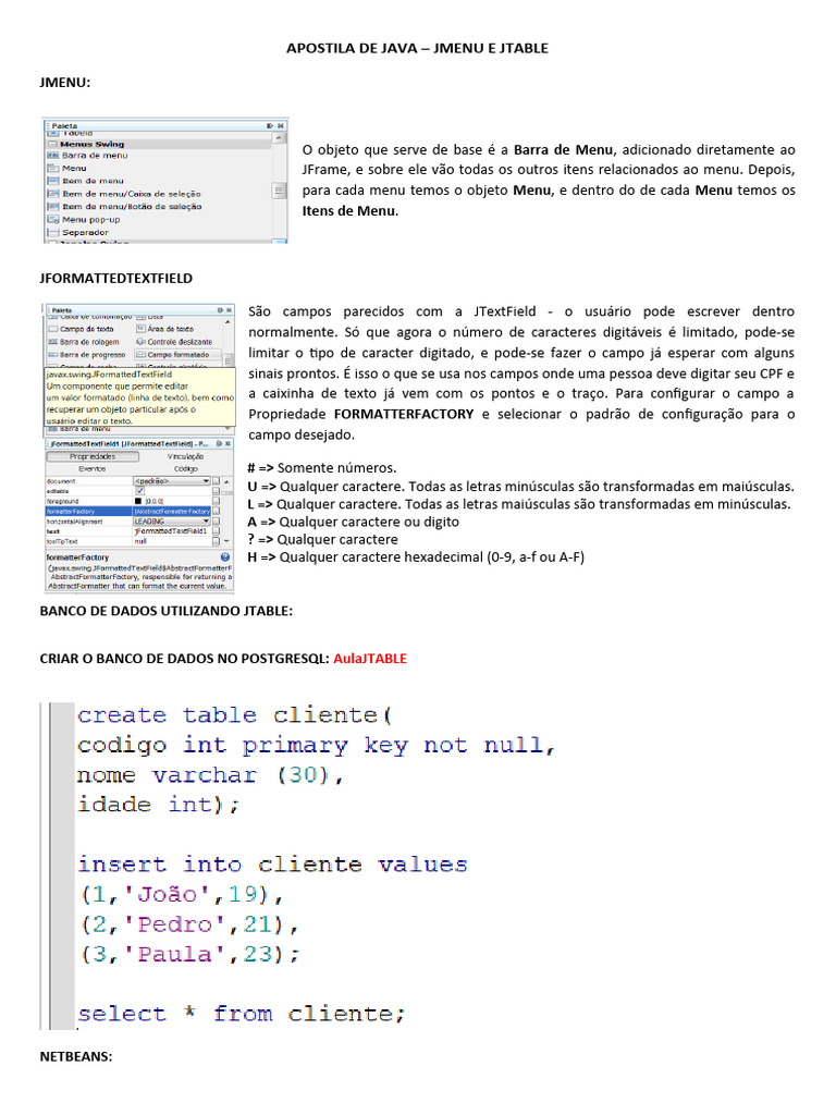 Apostila de Java Jtable | PDF | SQL | Java (linguagem de programação) Apostila de Java Jtable | PDF | SQL | Java (linguagem de programação)