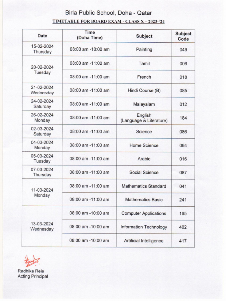 Timetable For CBSE Board Exam - Grade X - 2023 - 24 | PDF
