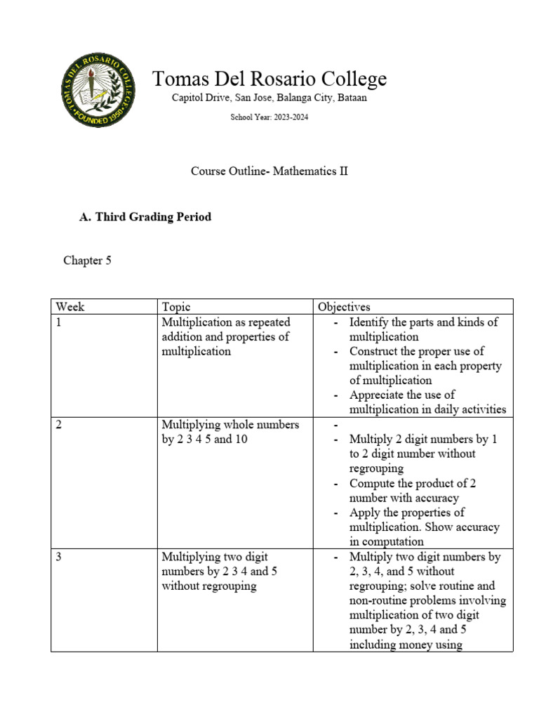 Course Outline 3rd Grading | PDF | Multiplication | Singing