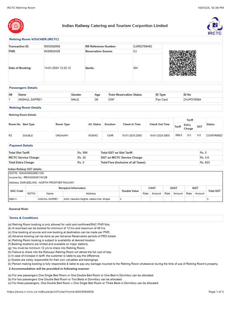 IRCTC Retiring Room Booking Details | PDF | Government Finances | Taxes