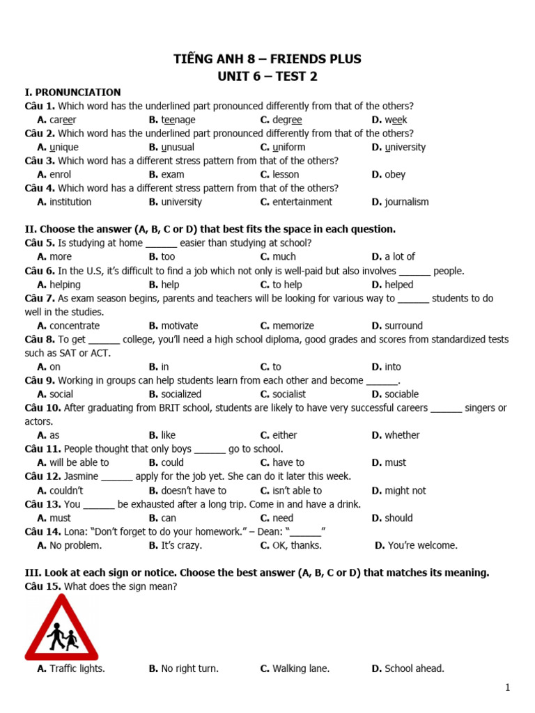 English Test for Grade 8: Unit 6 | PDF | Schools | Curriculum