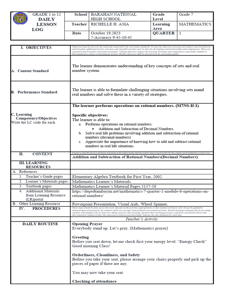 Grade 7 Math Lesson Plan: Decimals | PDF | Subtraction | Cognition