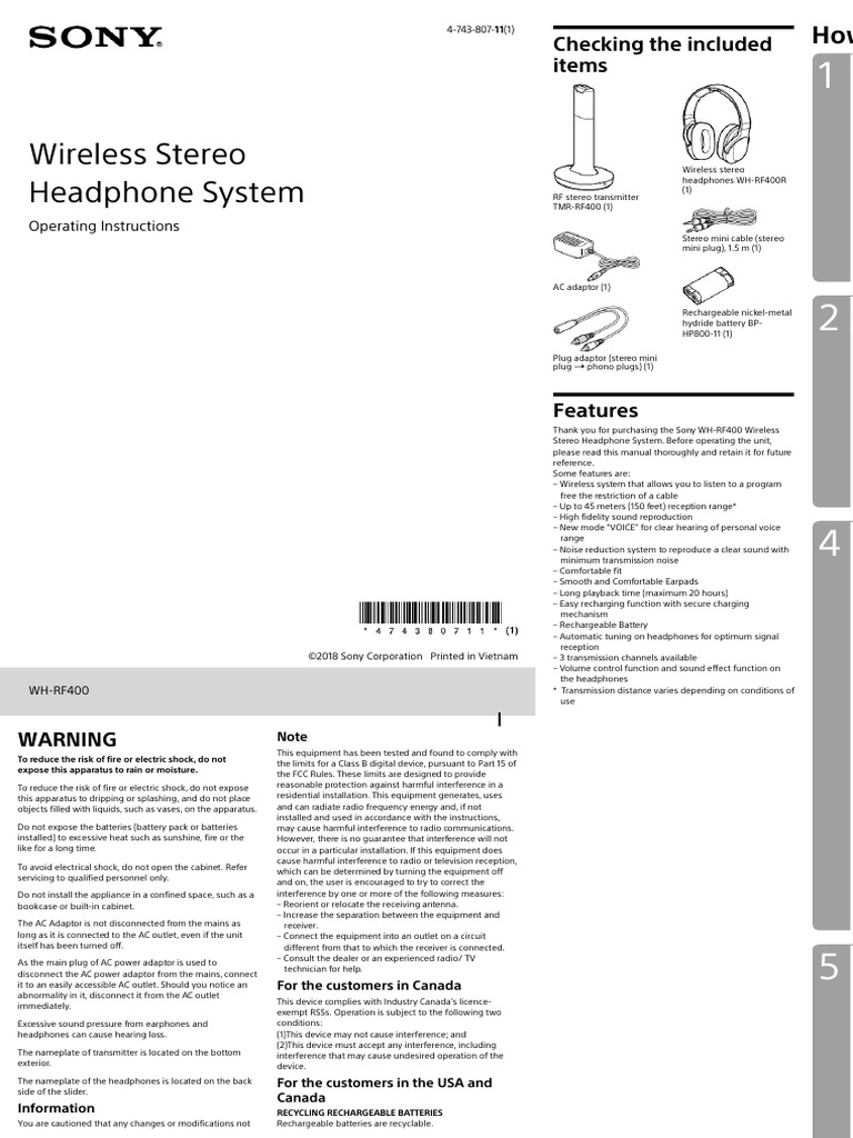 Mode D'emploi Sony WH-RF400 (2 Des Pages) | PDF | Headphones | Radio