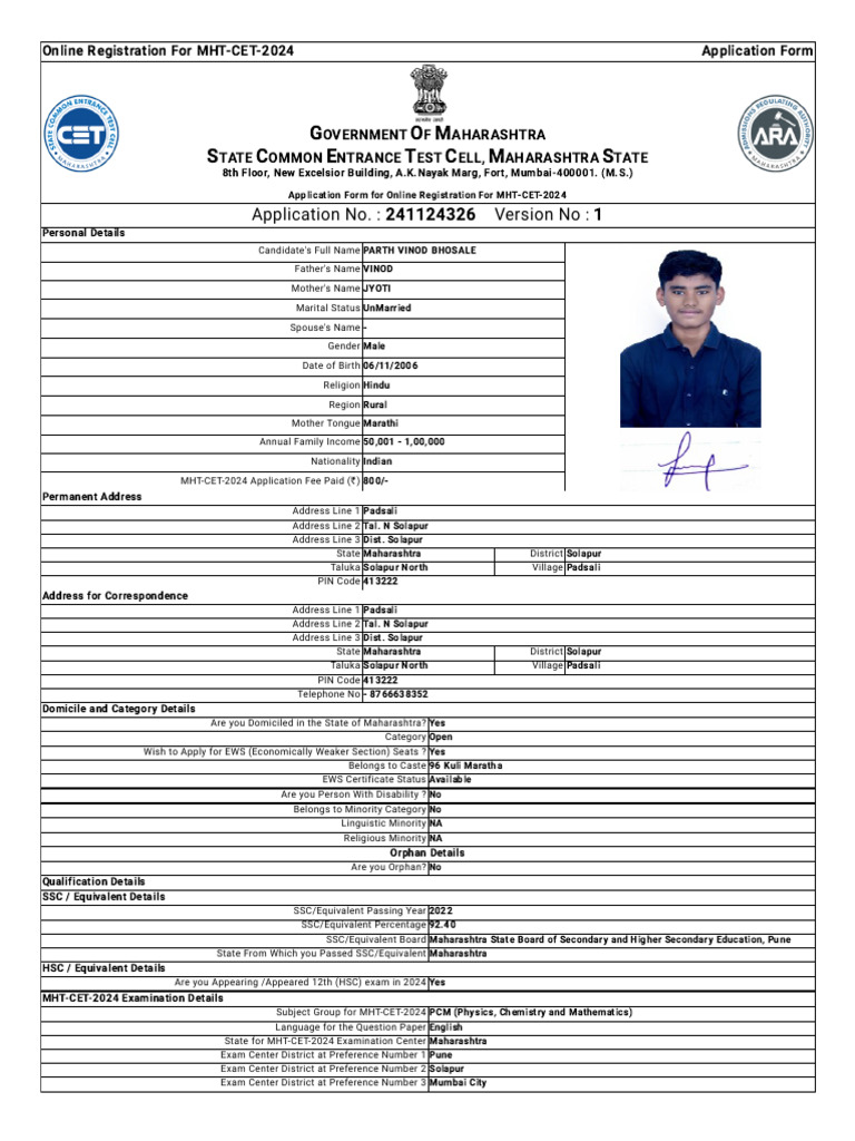 MHT-CET 2024 Online Registration Form | PDF | University And College ...