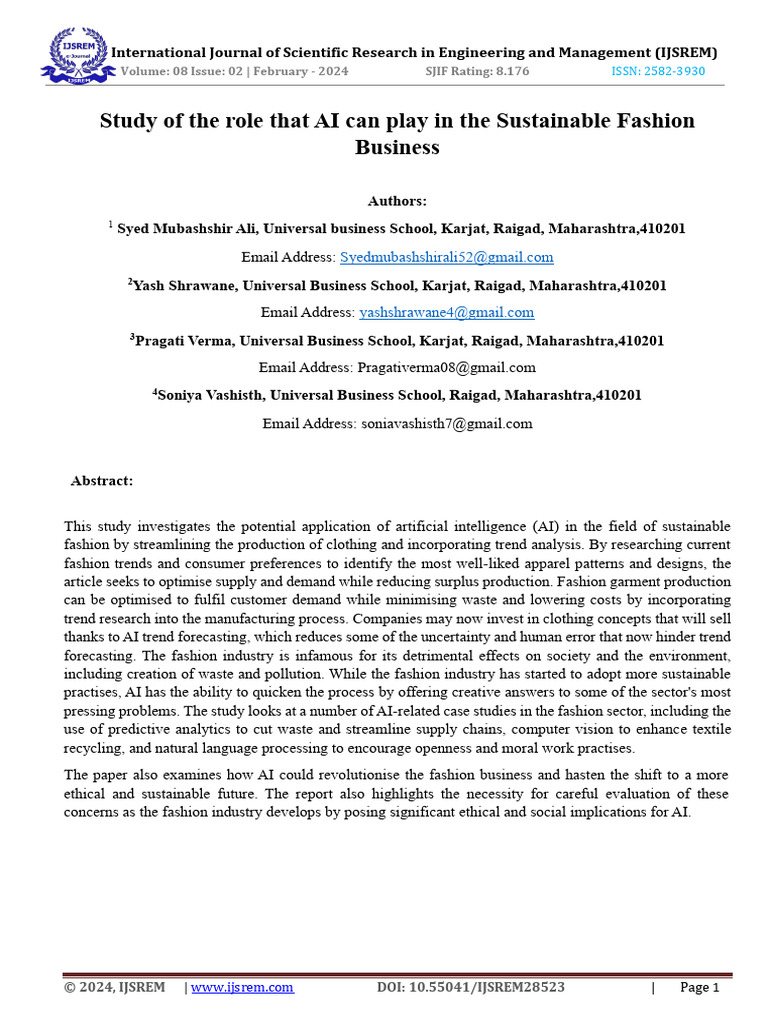 Study of The Role That AI Can Play in The Sustainable Fashion Business | PDF | Artificial ...