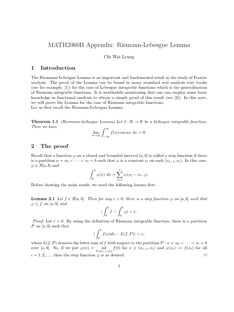 Math 2060 RieLebLemma | PDF | Integral | Real Analysis