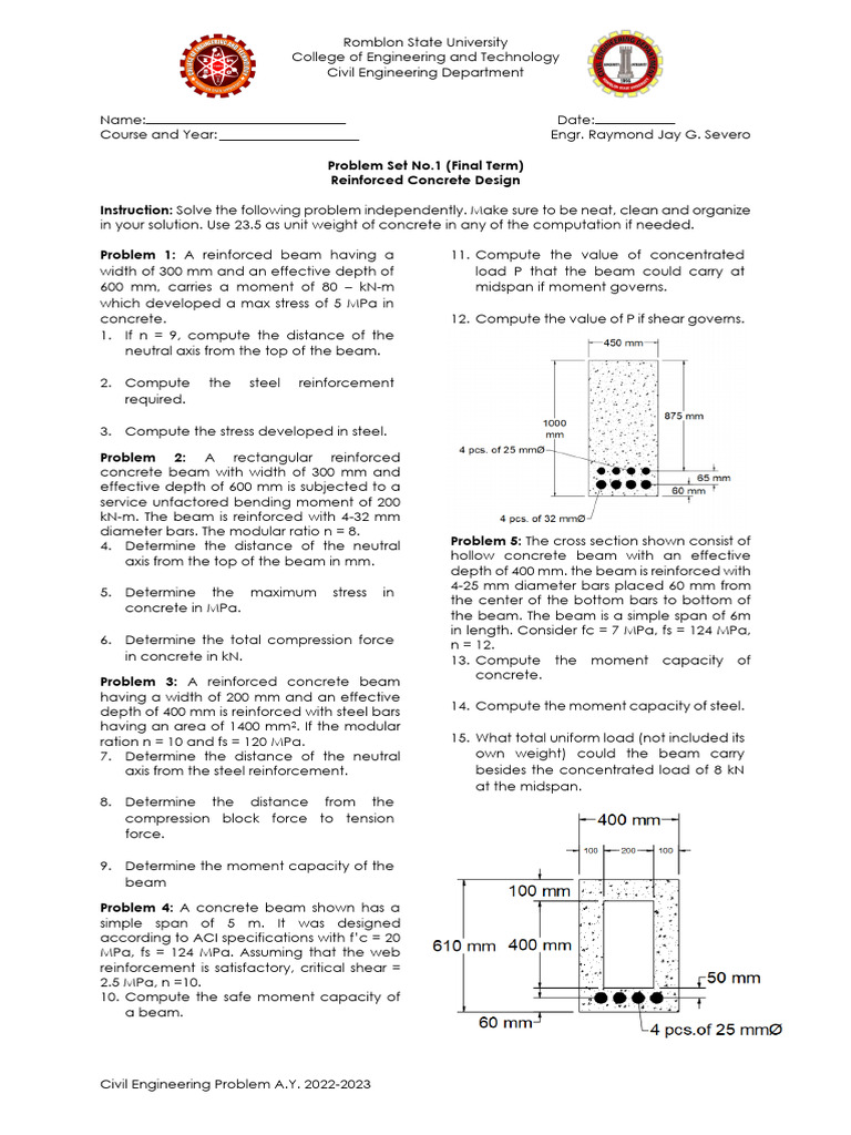 Problem Set No. 1 Final | PDF | Beam (Structure) | Reinforced Concrete