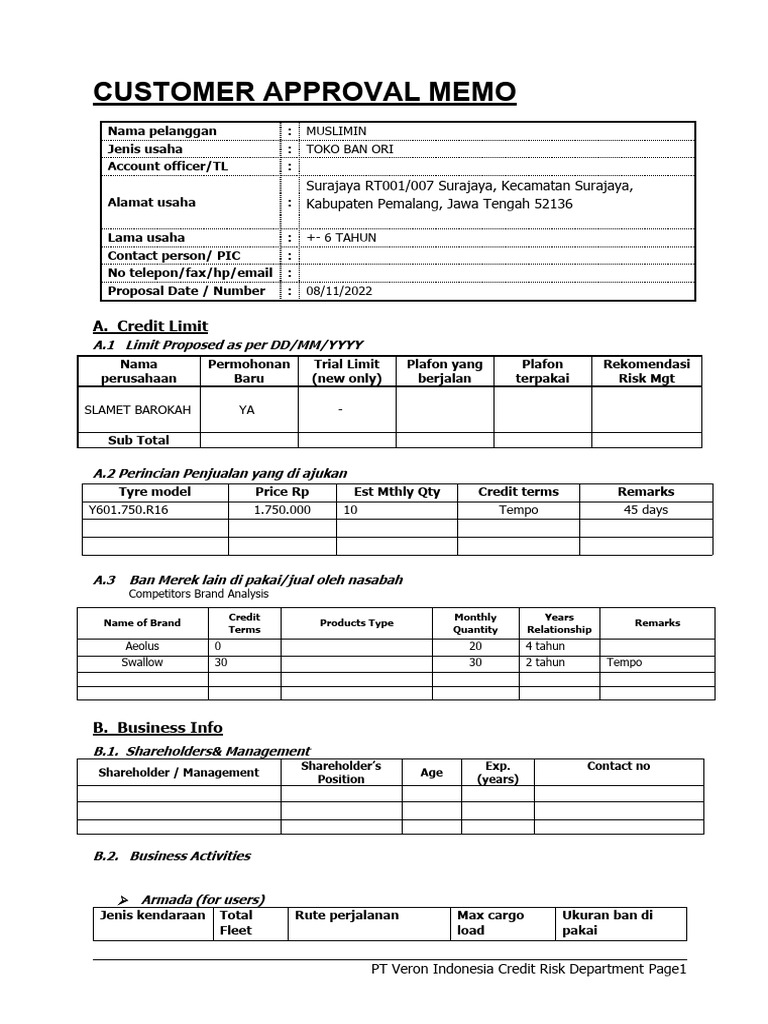 Customer Approval Memo for Tyre Store | PDF