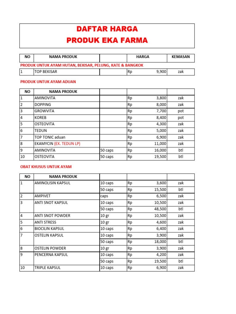 Daftar Harga Produk Eka Farma 2024 | PDF | Memasak, Makanan, & Anggur