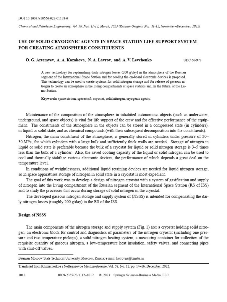 Use of Solid Cryogenic Agents in Space Station Life Support System For ...