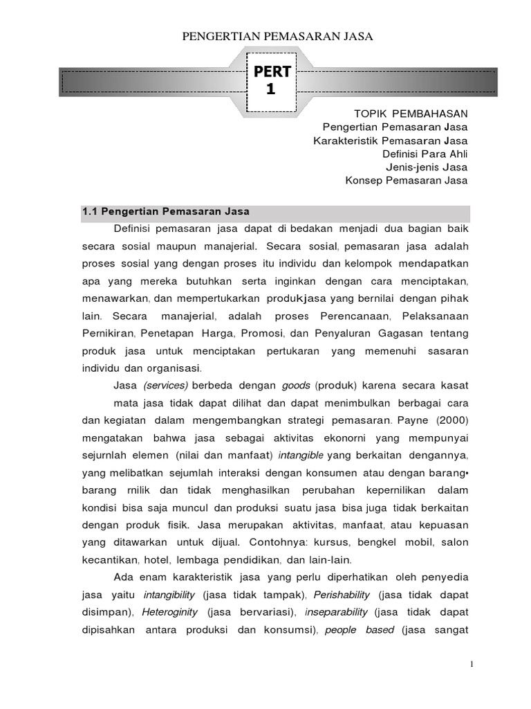Pert. 1 Pengertian Karakteristik Pemasaran Jasa | PDF