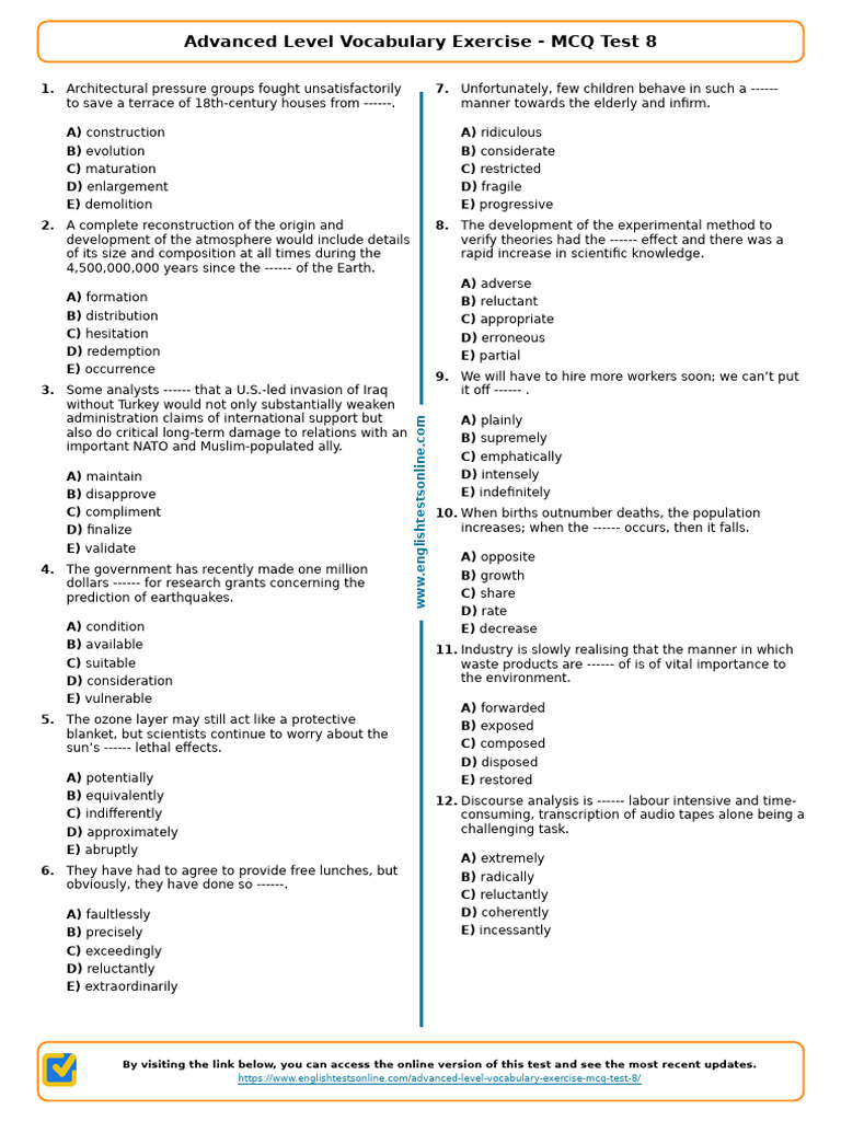 Vocabulary Exercise MCQ Test 8 | PDF