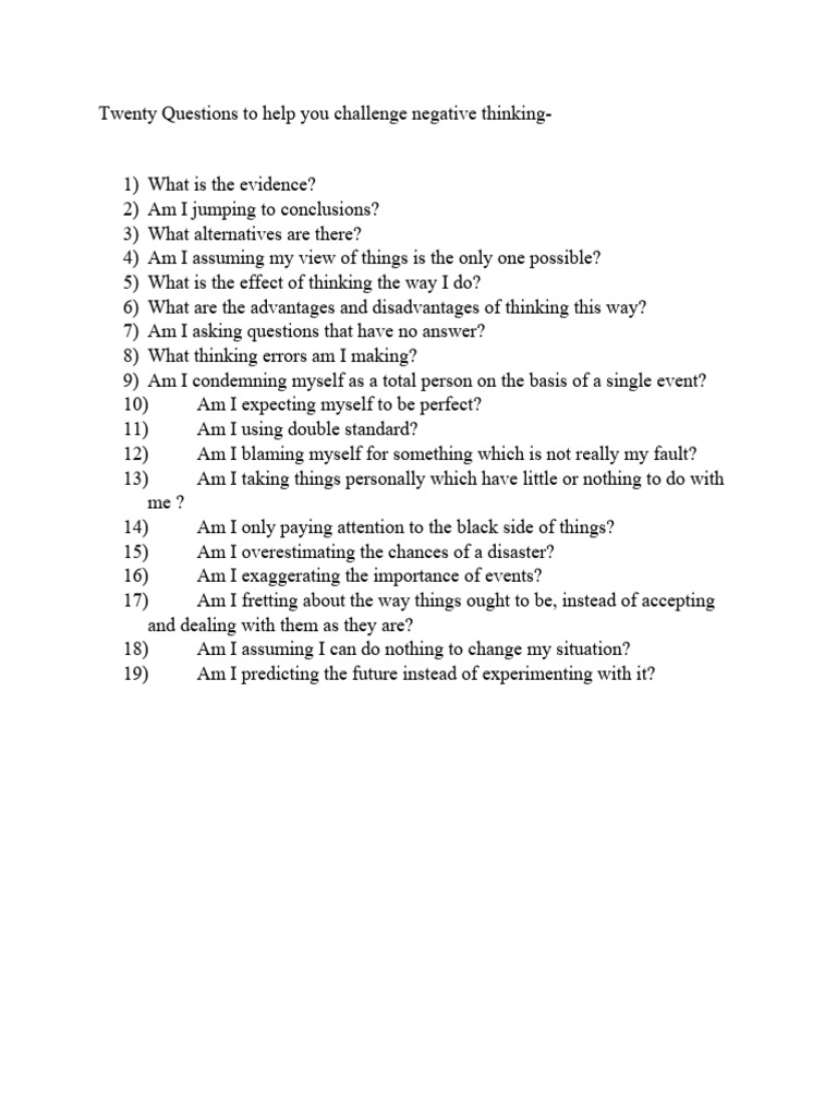 Twenty Questions To Help You Challenge Negative Thinking | PDF | Career ...