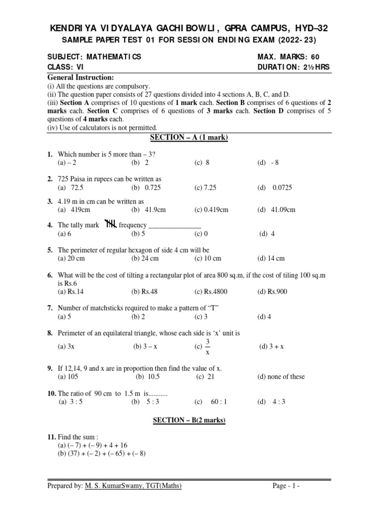 Maths Class Vi Sample Paper Test 01 For See 2023 | PDF | Mathematics