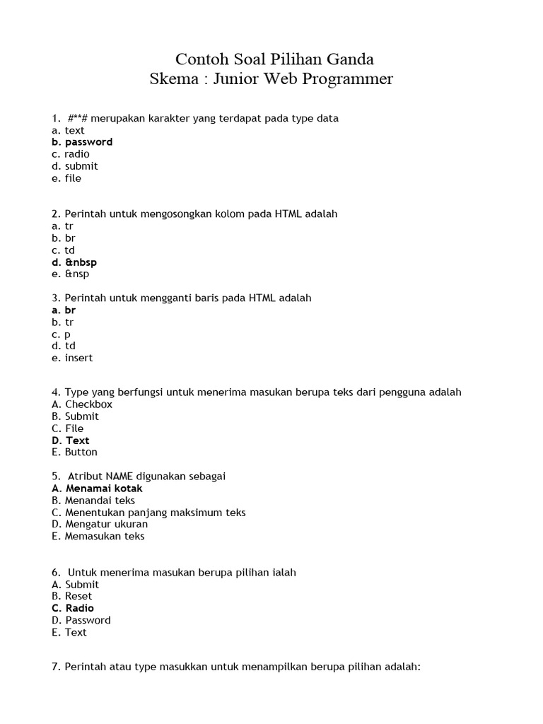 Contoh Soal Pilihan Ganda Ujikom Junior Web Programmmer 2024 2 | PDF | Metode & Bahan Ajar