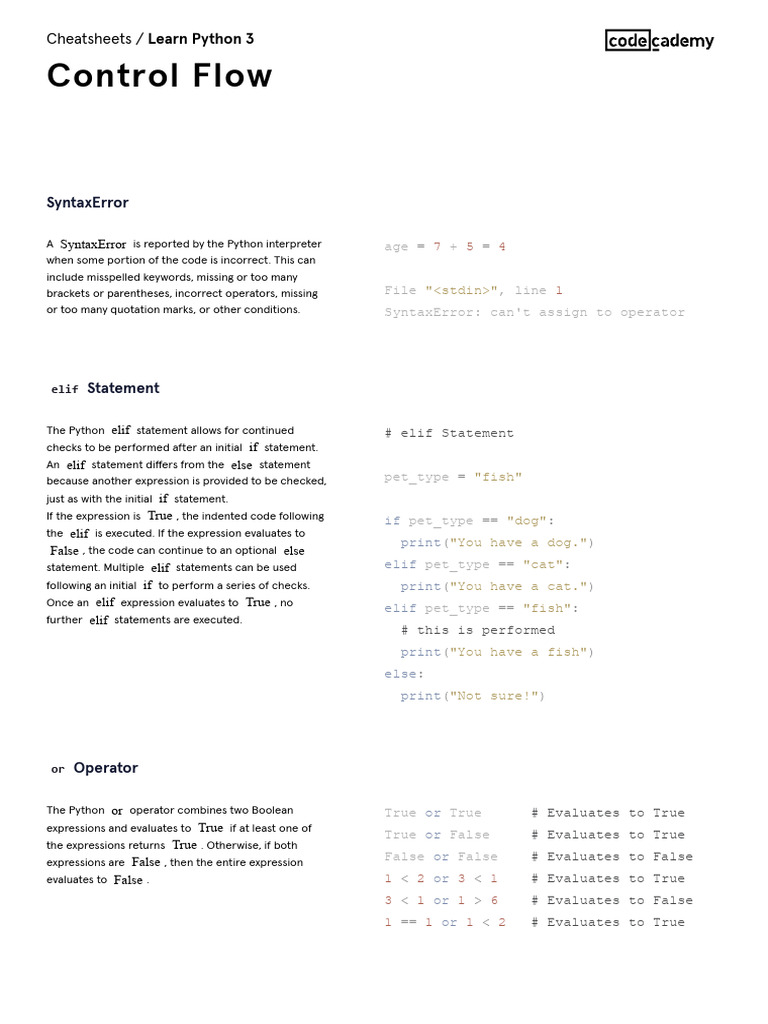 Learn Python 3 - Control Flow Cheatsheet - Codecademy | PDF | Boolean ... Learn Python 3 - Control Flow Cheatsheet - Codecademy | PDF | Boolean ...