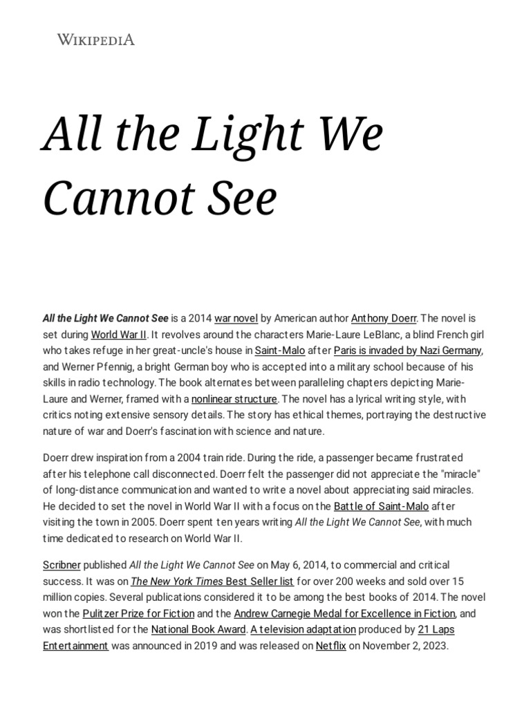 All The Light We Cannot See - Wikipedia | PDF | General Fiction