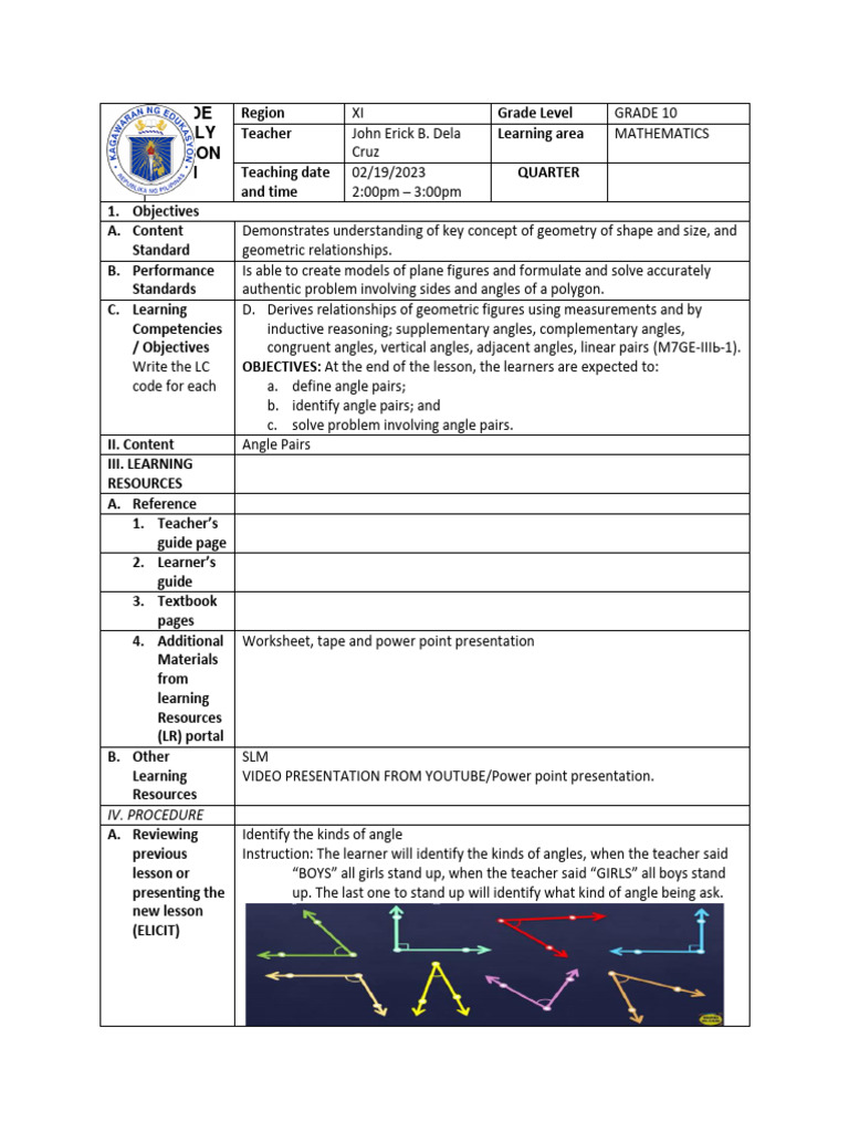 7es Lesson Plan Angle Pairs | Download Free PDF | Angle | Shape