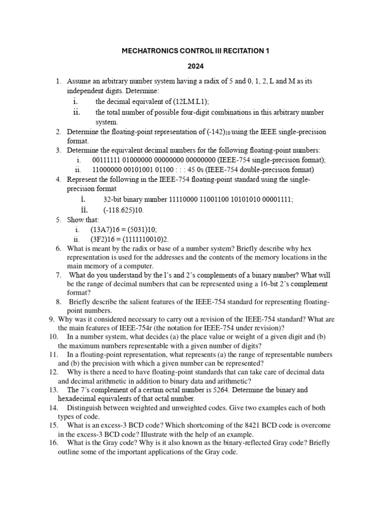 Mechatronics Control Iii Recitation 1 | PDF | Binary Coded Decimal | Numbers