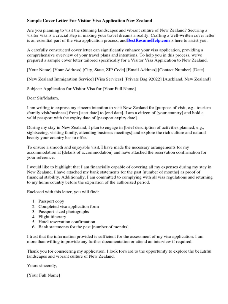 Sample Cover Letter For Visitor Visa Application New Zealand | PDF ...