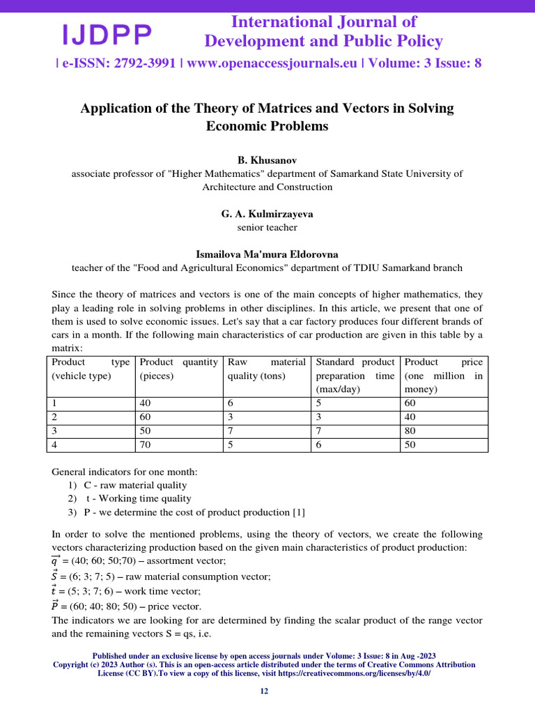 Application of The Theory of Matrices and Vectors in Solving Economic ...