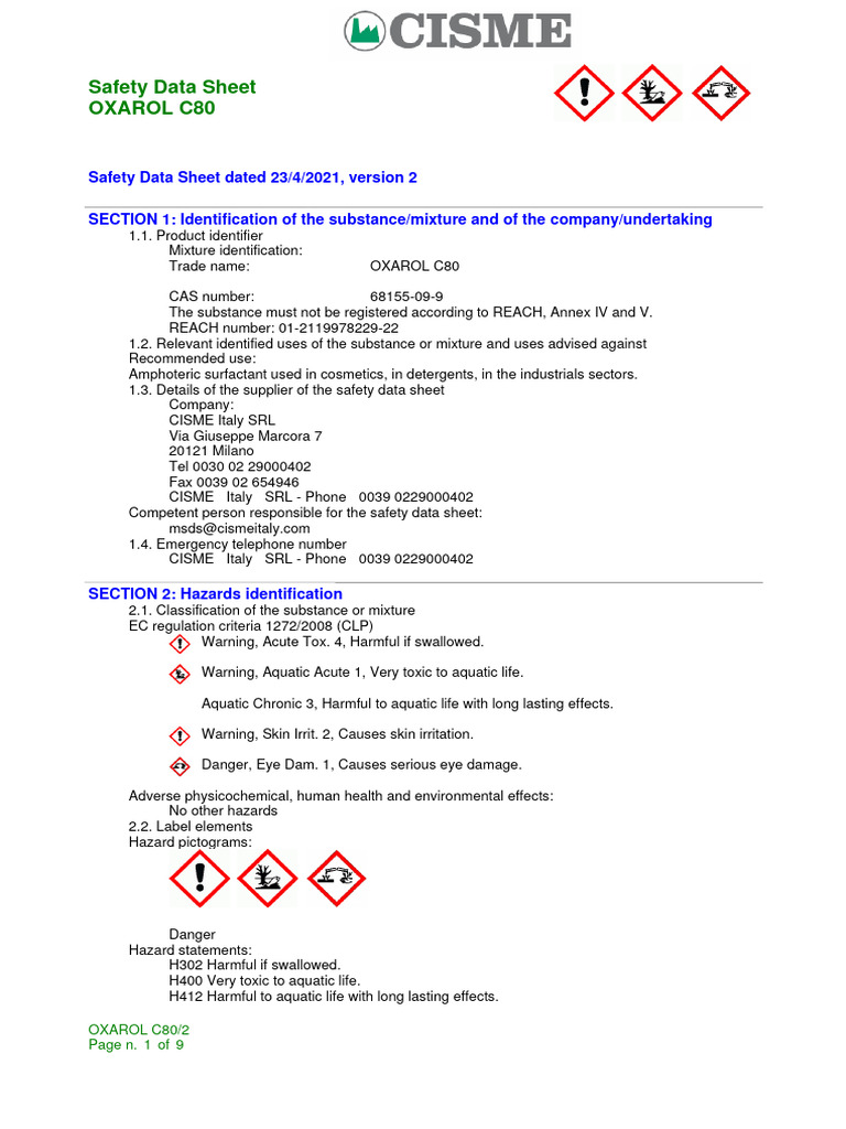 Oxarol C80 MSDS | PDF | Dangerous Goods | Toxicity