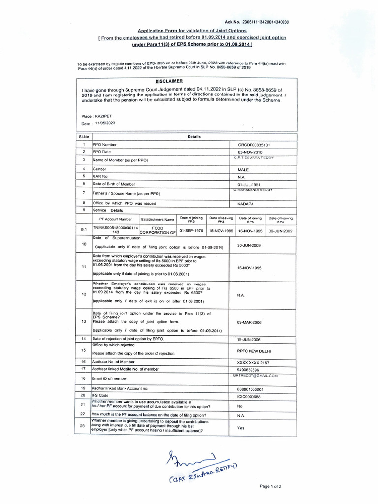 GRT Eswar Reddy Ack | Download Free PDF | Pension | Employee Benefits