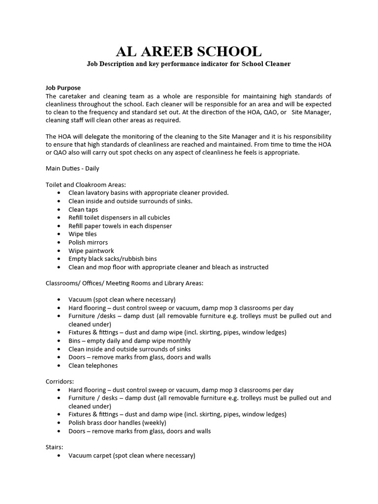 Job Description and Key Perfomance Indicators of School Cleaner | PDF ...