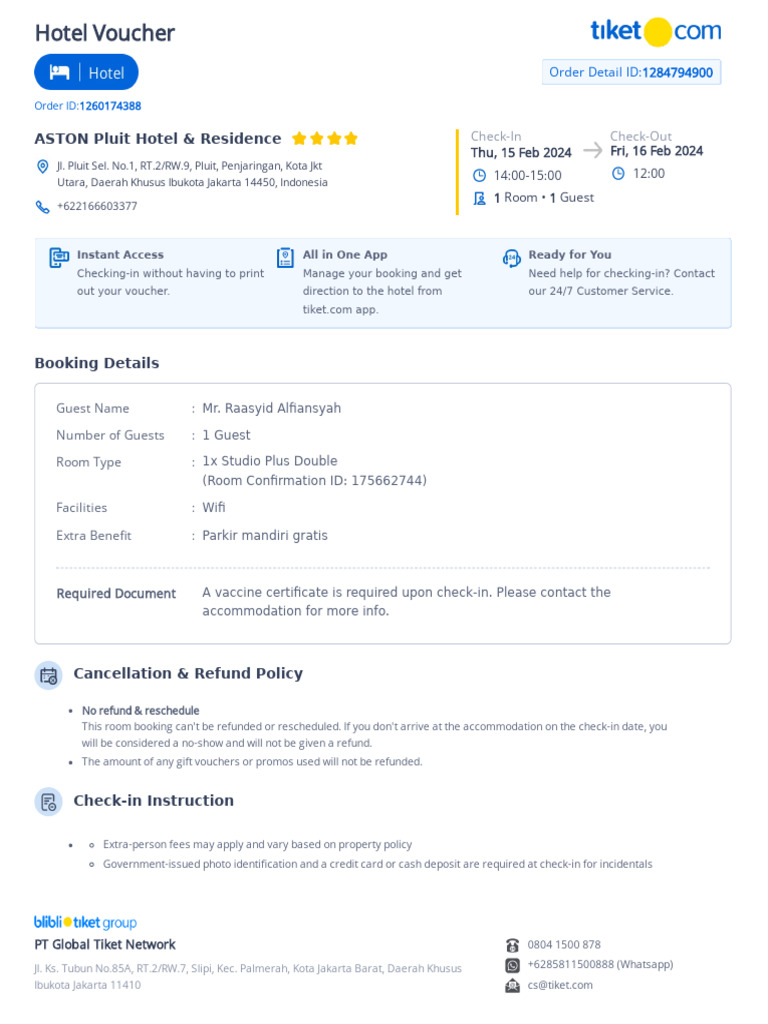 ASTON Pluit Hotel Booking Confirmation | PDF | Service Industries ...
