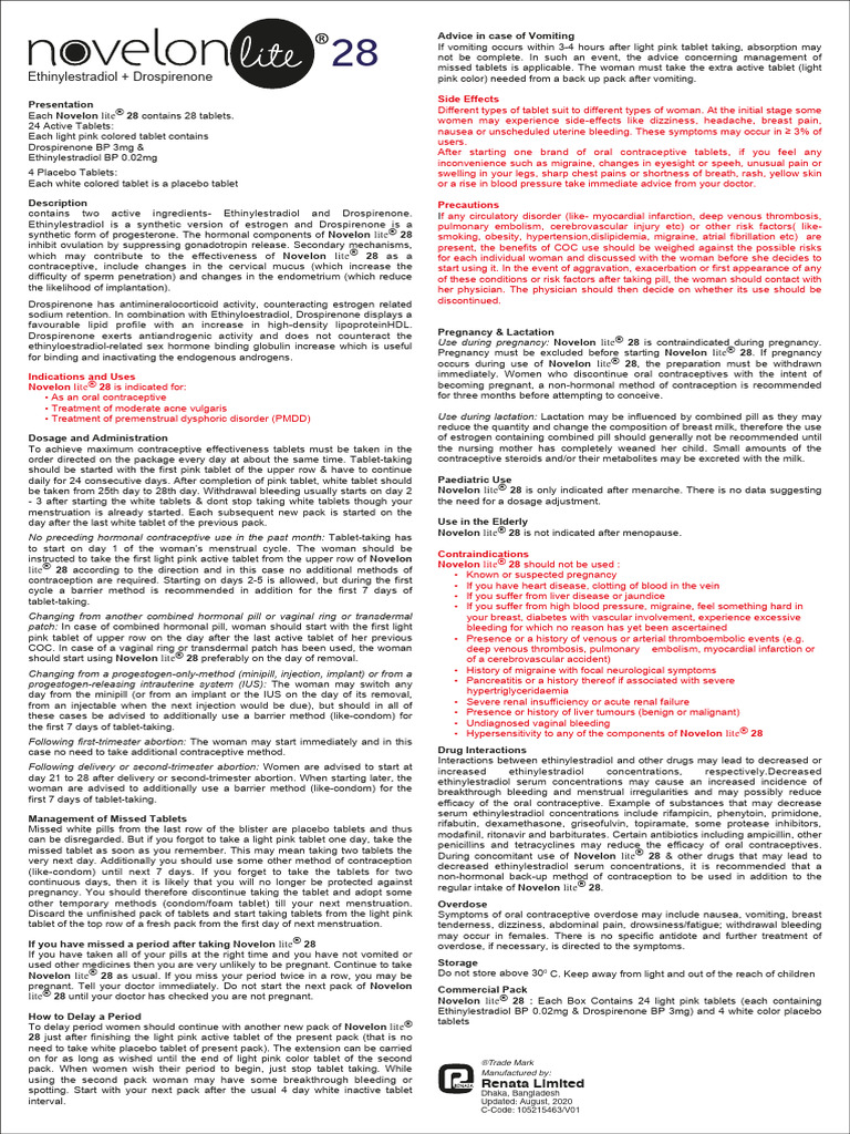 Novelon Lite 28 Insert | PDF | Combined Oral Contraceptive Pill ...