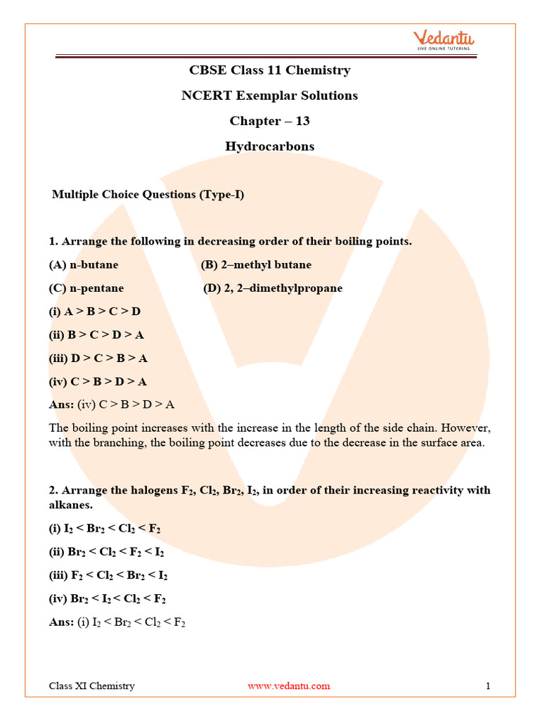 NCERT Exemplar For Class 11 Chemistry Chapter 13 - Hydrocarbons (Book ...