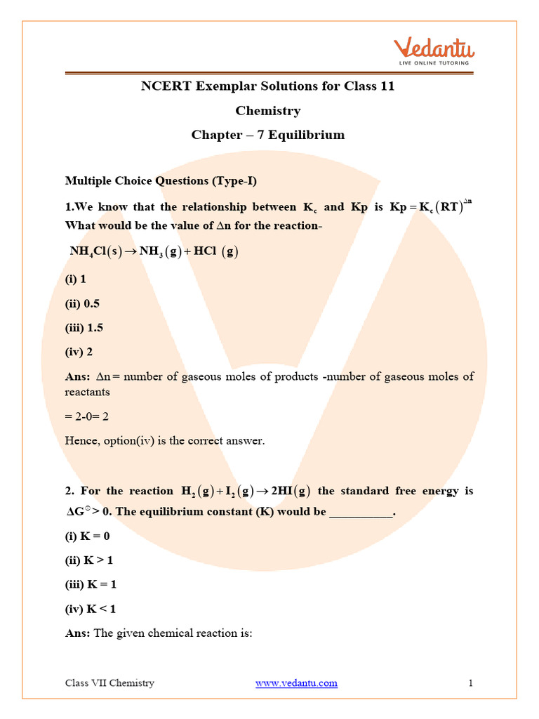 NCERT Exemplar For Class 11 Chemistry Chapter 7 - Equilibrium (Book Solutions) | PDF