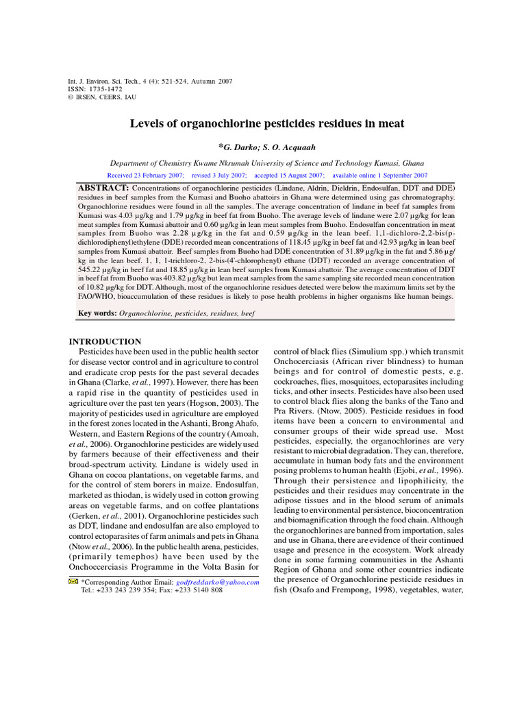 Darko and OsafoAcquaah (2007) Levels of Organochlorine Pesticides Residues in Meat | PDF | Gas ...
