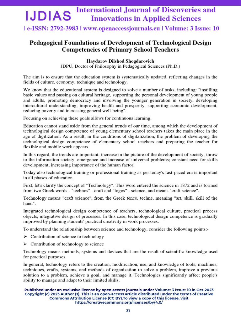 Pedagogical Foundations of Development of Technological Design Competencies of Primary School ...