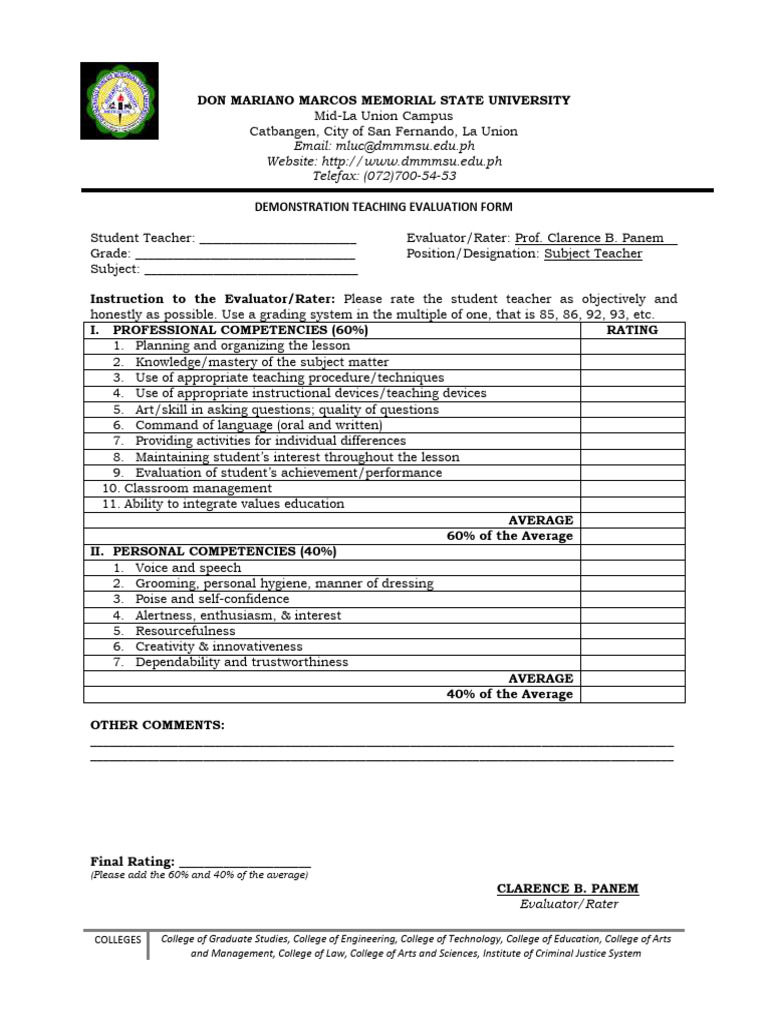 Demo Teaching Evaluation Form | PDF | Teachers | Intelligence