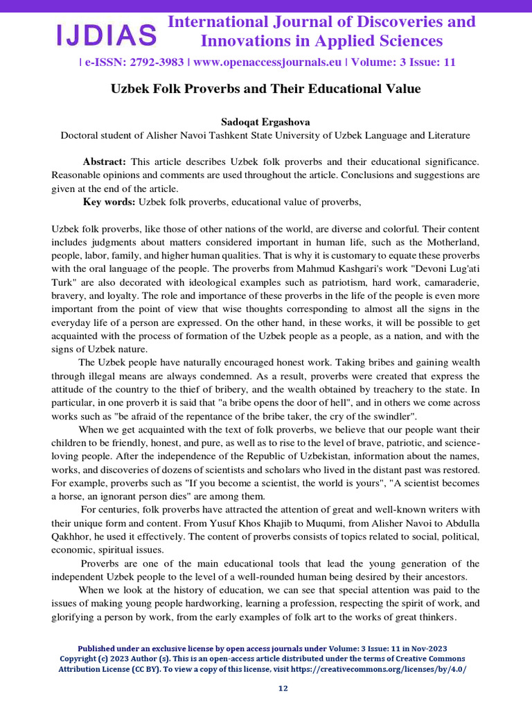 Uzbek Folk Proverbs and Their Educational Value | PDF | Folklore | Proverb