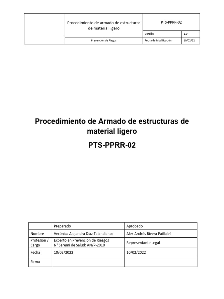 PTS-PPRR-02 Procedimiento Armado de Estructuras de Material Ligero | PDF