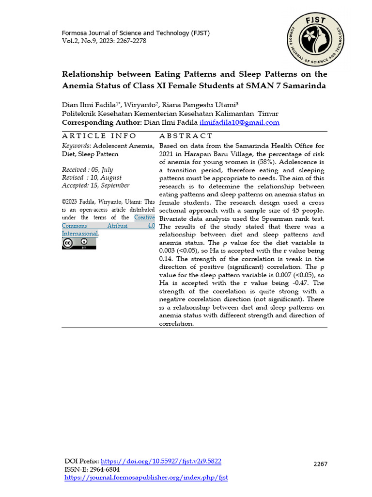 Relationship Between Eating Patterns And Sleep Patterns On The Anemia