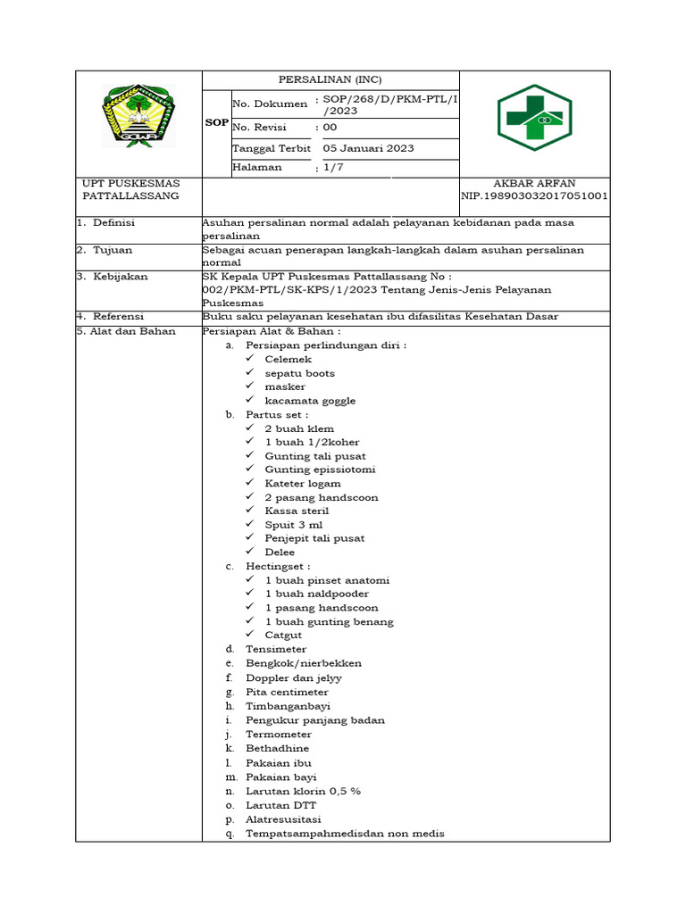 SOP Asuhan Persalinan Normal | PDF