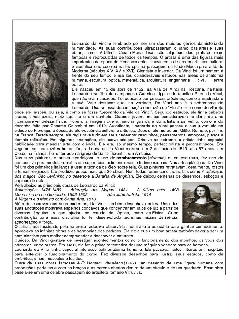 Leonardo Da Vinci - Atividade | PDF | Leonardo da Vinci