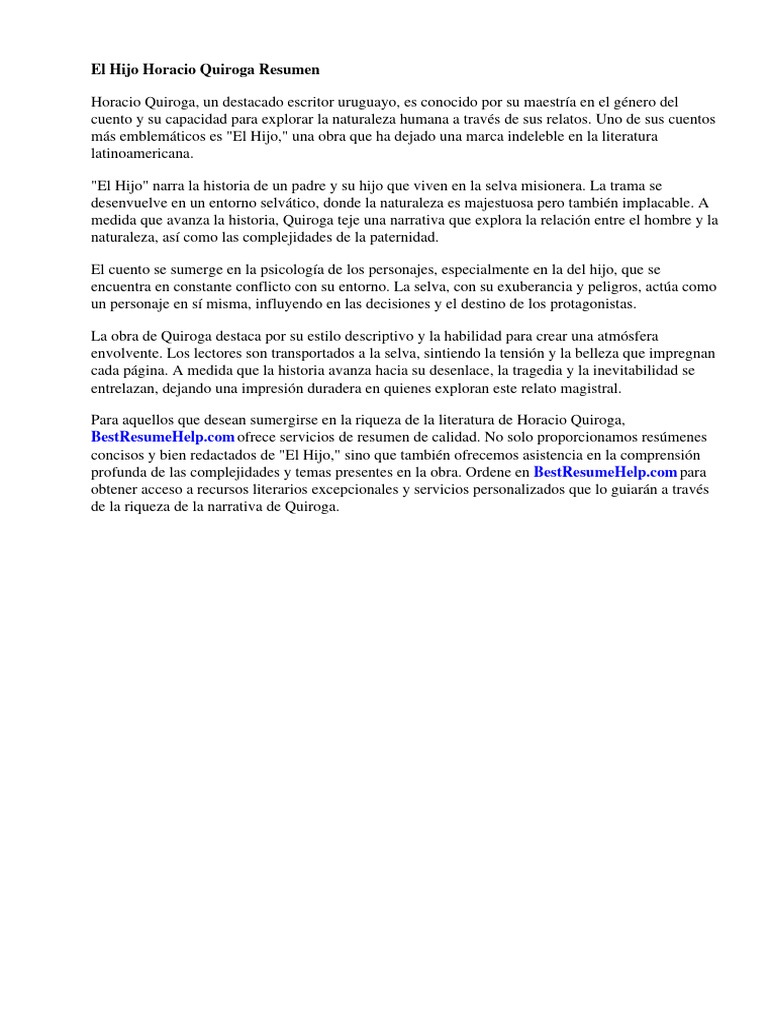El Hijo Horacio Quiroga Resumen | PDF