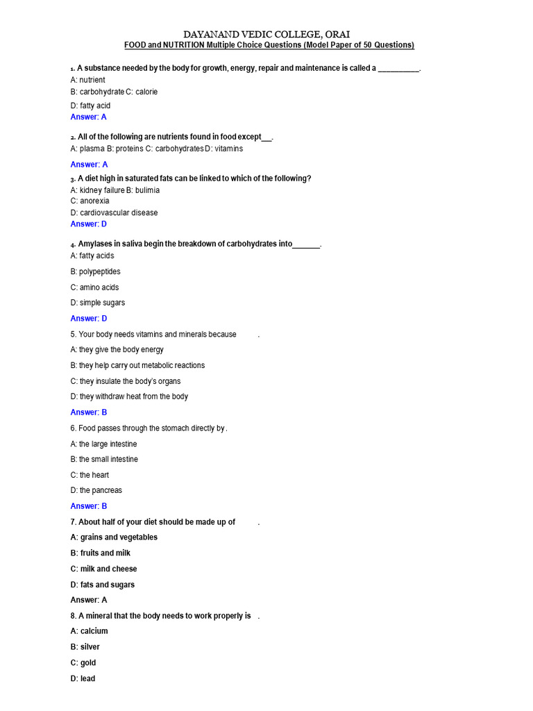 Food and Nutrition MCQ Model Paper | PDF | Foods | Vitamin