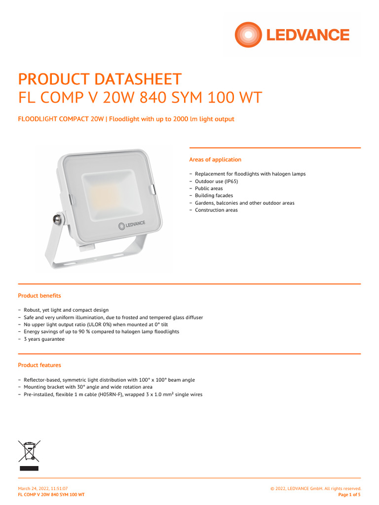 Product Datasheet Product Datasheet FL Comp V 20W 840 Sym 100 WT | PDF | Mains Electricity ...