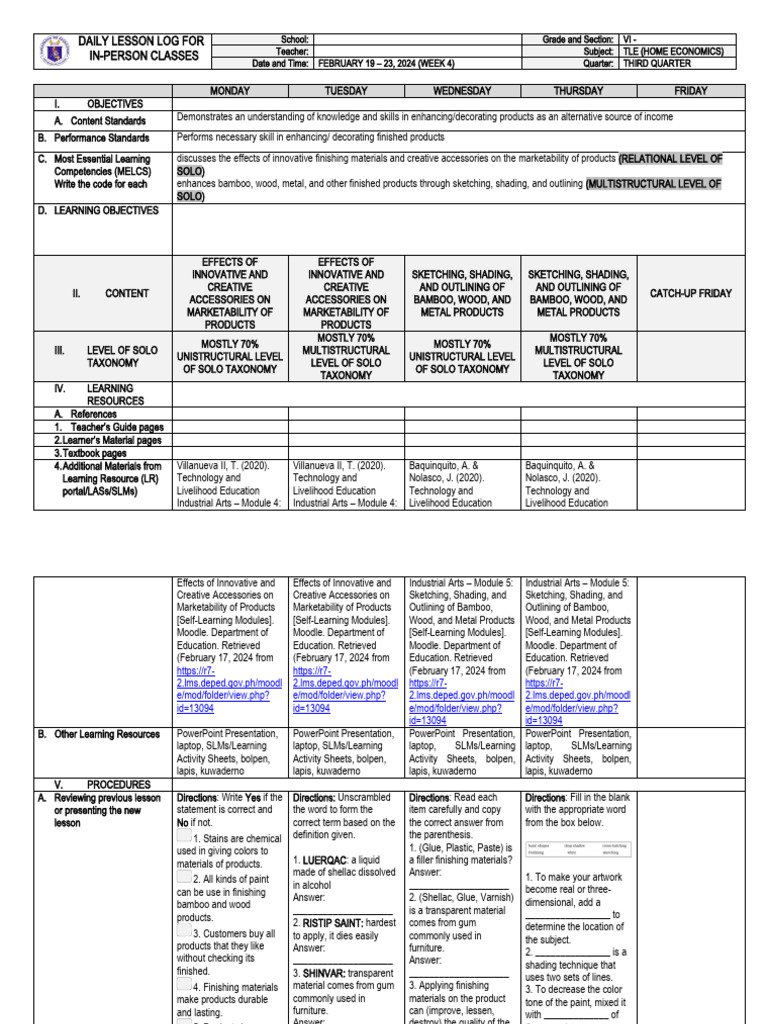 G6 Q3W4 DLL TLE INDUSTRIAL ARTS MELCs | PDF | Paint | Varnish