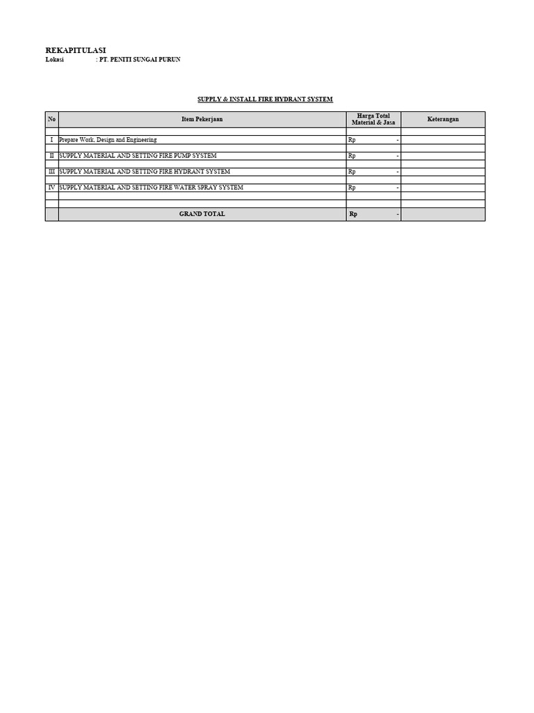 BOQ Supply Pipe & Install Fire Hydrant System Project Dan Reservoir PT. PSP - Alternatif 1 | PDF ...